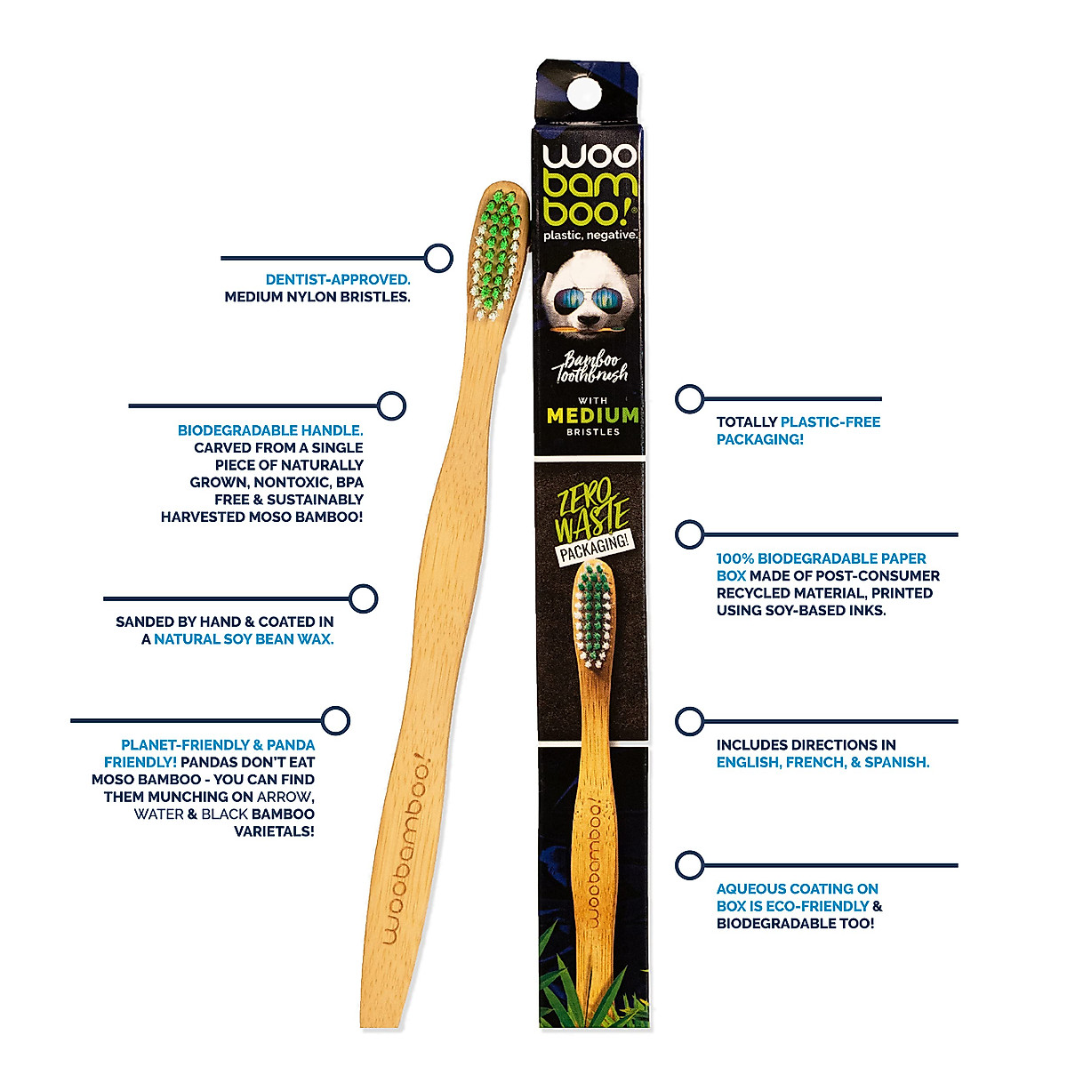 Woobamboo! Bamboo Toothbrush - Adult - Medium Bristle, BPA Free Nylon Bristles, Eco-Friendly, Biodegradable, Compostable, Vegan (Pack of 1)