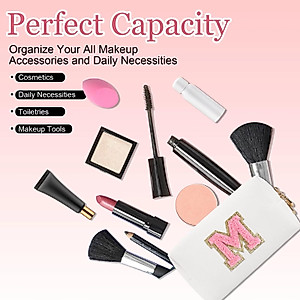 Small Personalized Letter Makeup Bag, Cute PU Leather Chenille Letters Cosmetic Bag Travel Makeup Bag, Preppy Makeup Pouch Travel Organizer Zipper Pouch Organizer for Women and Girls(WhitePink-M)