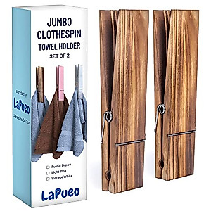 Jumbo Clothespin Bathroom Towel Holder - 2 Pieces Giant Clothespins 12 Inch - Wooden Towel Racks for Bathroom Wall Mounted and Adhesive - Rustic Towel Rack - Farmhouse Towel Holder Laundry Decor