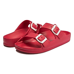 FUNKYMONKEY Women's Comfort Slides Double Buckle Adjustable EVA Flat Sandals (6 M US-Women, Red)
