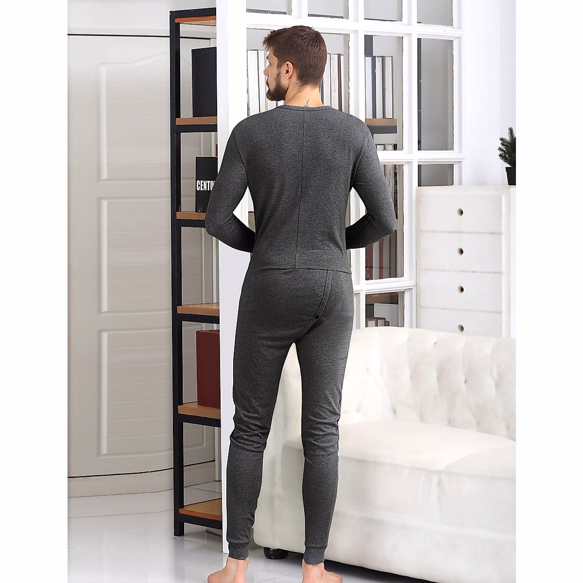 COLORFULLEAF Men's Cotton Thermal Underwear Henley Union Suits Onesies Base Layer (Dark Grey, M)