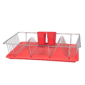 Kitchen Details 3 Piece Countertop Chrome Dish Drying Rack with Cutlery Basket and Drainboard Tray, Red