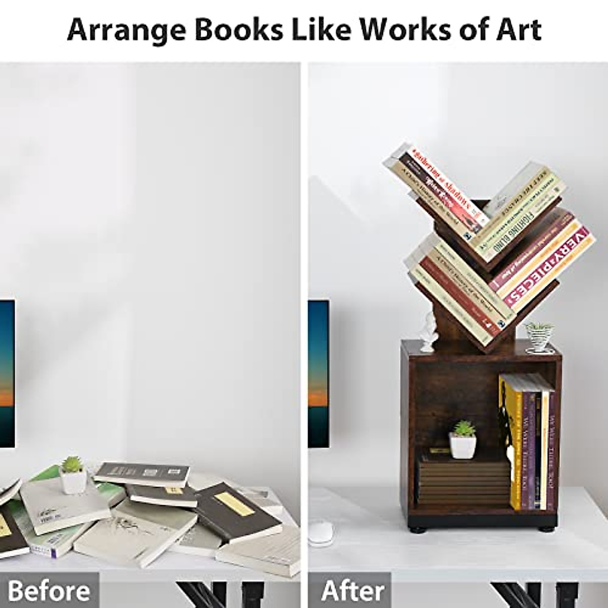 ruboka 2-Shelf Tree Bookshelf with Storage, 26.5-Inch Retro Floor Standing Bookcase Display for CDs/Magazine/Books, Small Bookshelf for Bedroom, Living Room, Office, Brown Storage Shelves DESK51B