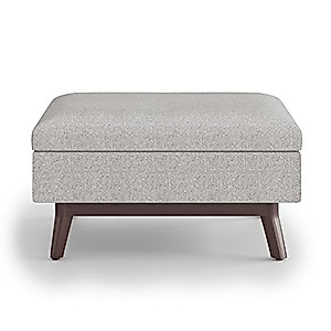 SIMPLIHOME Owen 34 Inch Wide Mid Century Modern Rectangle Coffee Table Lift Top Storage Ottoman in Upholstered Cloud Grey Polyester Fabric, For the Living Room