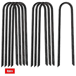 VASGOR 12” x 2” Trampolines Wind Stakes Black Powder Coated Rebar Steel - Heavy Duty U Shape Ground Anchors for Camping Tent - Garden Staples – Trampoline Pins - Sharp End (8)