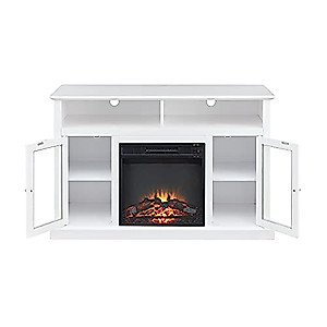 GOOD & GRACIOUS Modern Electric Fireplace TV Stand for 55 Inch TV Living Room Media Entertainment Center with Tempered Glass Storage Cabinet Wood Tall TV Console for Bedroom, 48 Inch,Painting White