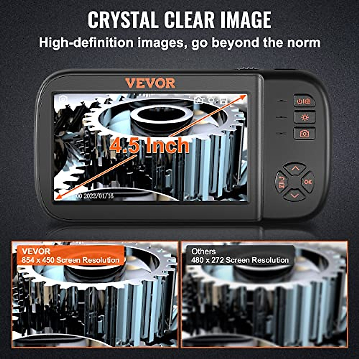 VEVOR Borescope Triple Lens Endoscope Camera with Light, 4.5" Screen 1080P Inspection Camera with 10 LED Light, IP67 Waterproof Drain Snake Camera for Auto, Plumbing(16.5FT Cable, 32GB Card)