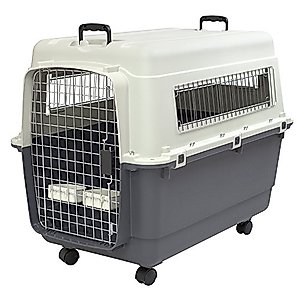 SportPet Designs Plastic Kennels Rolling Plastic Airline Approved Wire Door Travel Dog Crate, X-Large, Gray