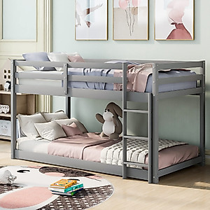 MWrouqfur Twin Over Twin Bunk Bed with Ladder & Safety Guardrails,Solid Pinewood Bedframe,Low Floor BunkBed for Boys and Girls Bedroom,Space Saving,No Box Spring Needed (Gray)