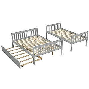 Zaboro Twin Over Full Bunk Bed with Trundle, Convertible into 2 Beds, Pine Wood 3 in 1 Bunk Bed Frame with Ladder and Safety Guardrails for Children, Teens, Adults, No Box Spring Needed, Gray