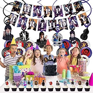 Wednesday New Addams TV Show banner, Addams balloon Party Supplies for Kids Birthday Party Supplies.