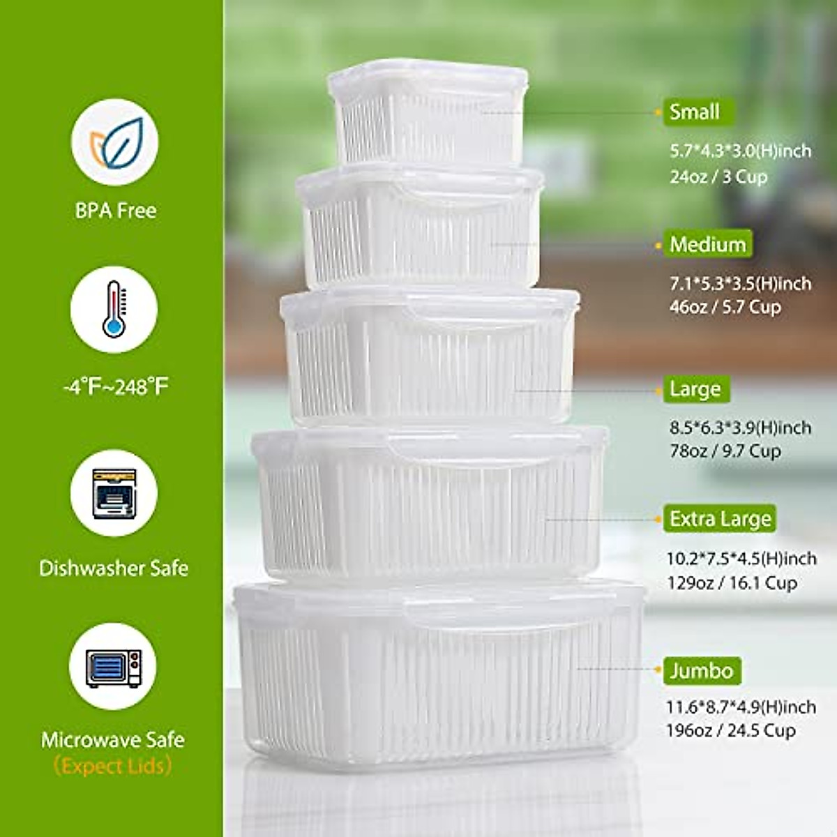 LUXEAR Fruit Vegetable Produce Storage Saver Containers with Lid & Colander 5 Packs BPA-Free Plastic Fresh Keeper Set | Refrigerator Fridge Organizer | for Salad Berry Lettuce Food Meat Fish Celery