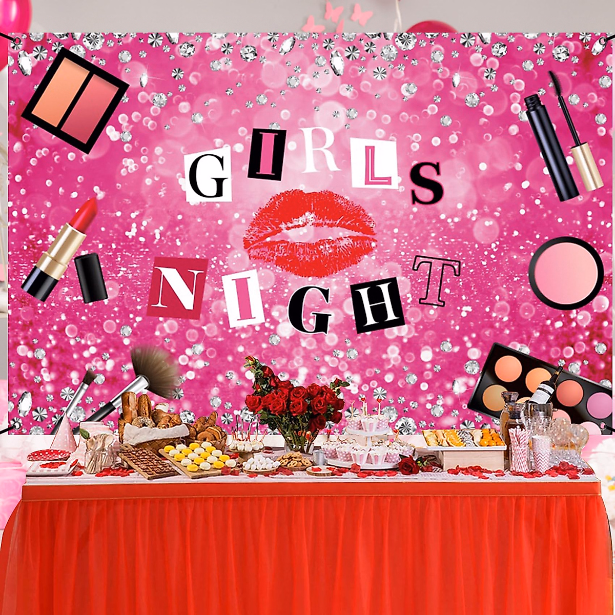 CSFOTO Polyester 6x3.6ft Girls Night Banner Ladies Girl Pink Glitter Background Banner Bridal Shower Night Bachelorette Party Decoration Banner Photography Booth Props