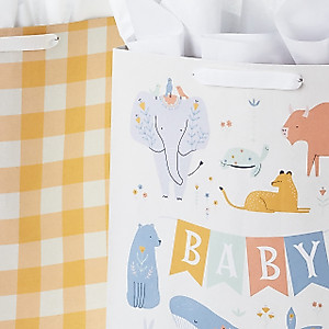 Hallmark 15" Extra Large Gift Bags with Tissue Paper (2 Bags: Baby Animals, Yellow Gingham) for Baby Showers, 1st Birthdays, Gender Reveal Parties