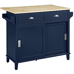 Crosley Furniture Cora Drop Leaf Kitchen Island Microwave Stand, Coffee Bar with Storage Drawers and Shelves, Navy