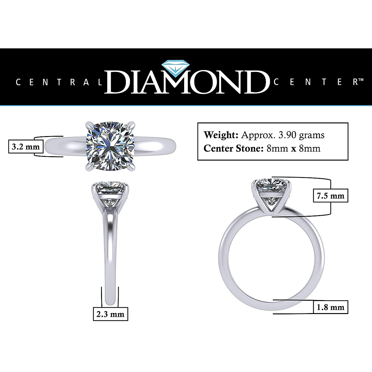 Central Diamond Center VOGUE 4 Prong Cushion Cut 925 Silver Solitaire Engagement Ring - 3.00ct Platinum Plated - Size 4