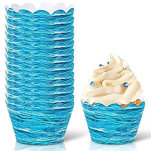 Whaline 48Pcs Ocean Wave Cupcake Wrappers Blue Sea Waves Cupcake Liners Summer Ocean Paper Baking Cup Cupcake Holders for Birthday Summer Ocean Theme Party Cake Decorations
