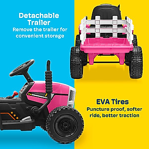 Kidzone 12V 7AH Premium Version with EVA Treaded Tires Dual 35W Motors Boost Power Torque Remote Control Powered Electric Tractor with Trailer Toddler Ride On Toy 3-Gear-Shift, 7-LED Lights, MP3