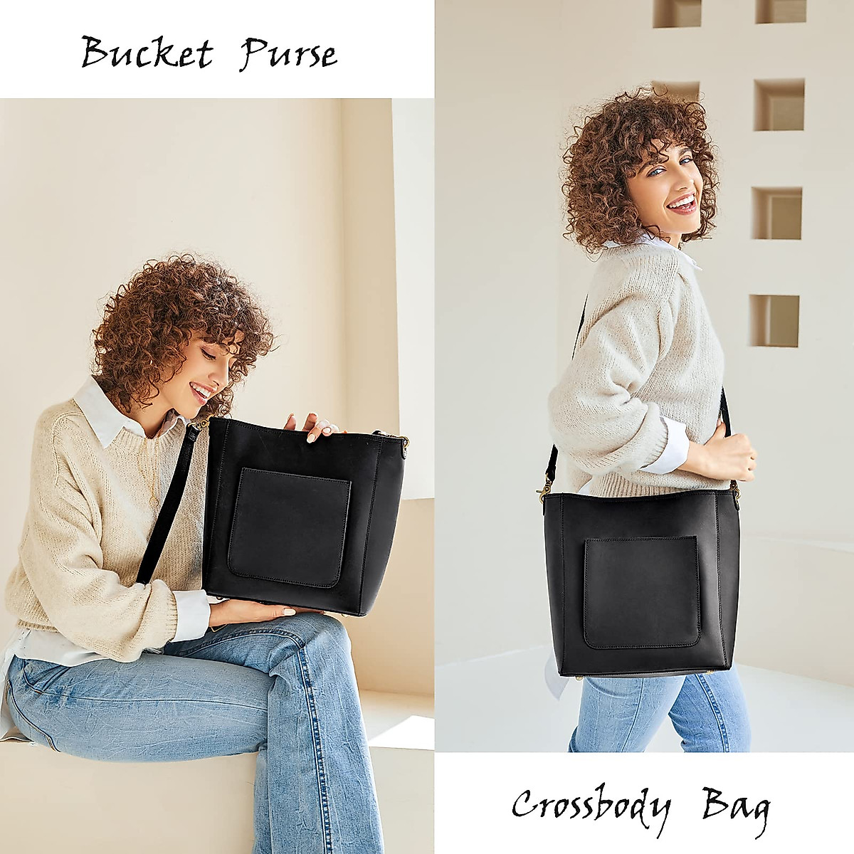 S-ZONE Women Genuine Leather Tote Handbag Shoulder Bag Bundle with Vintage Bucket Crossbody Purse