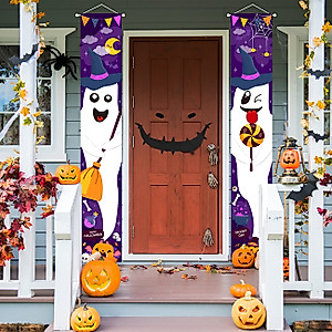 mokeja party Halloween Decorations Ghost Witch Porch Sign Banner Indoor Outdoor Hanging Banner Backdrop Purple and White for Boo Themed Halloween Holiday Home Office Wall Decor Photo Prop -2pcs