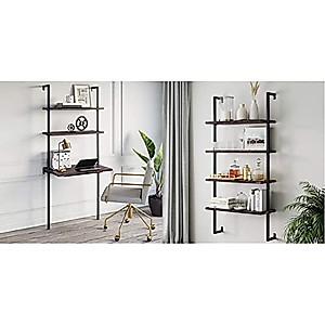 Nathan James Theo 2-Shelf Industrial Wall Mount Ladder Table, Nutmeg/Matte Black & Theo 4-Shelf Bookcase, Floating Wall Mount Shelves with Natural Wood and Industrial Pipe Metal Frame, Nutmeg/Black