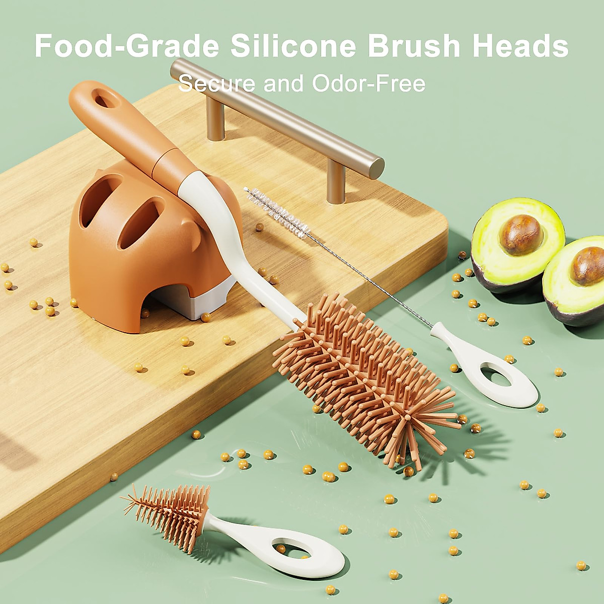 eBanGo Silicone Bottle Brush Set with Stand, 360° Rotating Silicone Bottle Cleaning Brush Cleaner Set, Long Handle 3 in 1 Multipurpose Silicone Baby Bottle Gap Cap Cleaner Brush (Orange)