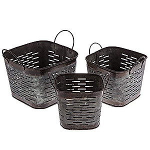 Dark Galvanized Metal Square Olive Buckets, Set of 3