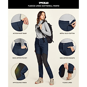 TSLA Women's Softshell Winter Snow Ski Pants, Fleece Lined Waterproof Hiking Pants, Insulated Work Outdoor Pants, 2-layer Reinforced Knee Navy, Large