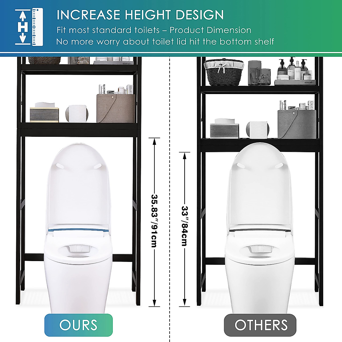 SMIBUY Bathroom Storage Shelf, Bamboo Over-The-Toilet Organizer Rack, Freestanding Toilet Space Saver with 3-Tier Adjustable Shelves (Black)