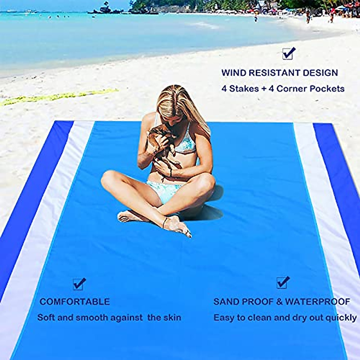 Gold Roc Sandless Beach Blanket & Waterproof Phone Pouch & Outdoor Survival Whistle, Extra Large Outdoor Picnic Mat, Pocket Camping Mat for Travel, Camping, Hiking (Blue, Large)