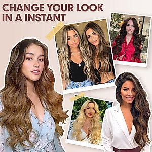 FESHFEN Clip in Hair Extensions 4 PCS Long Wavy Thick Highlighted Hair Piece Clip in Extensions Synthetic Hair Extension for Women, Blonde Highlighteded Medium Brown 20 Inch