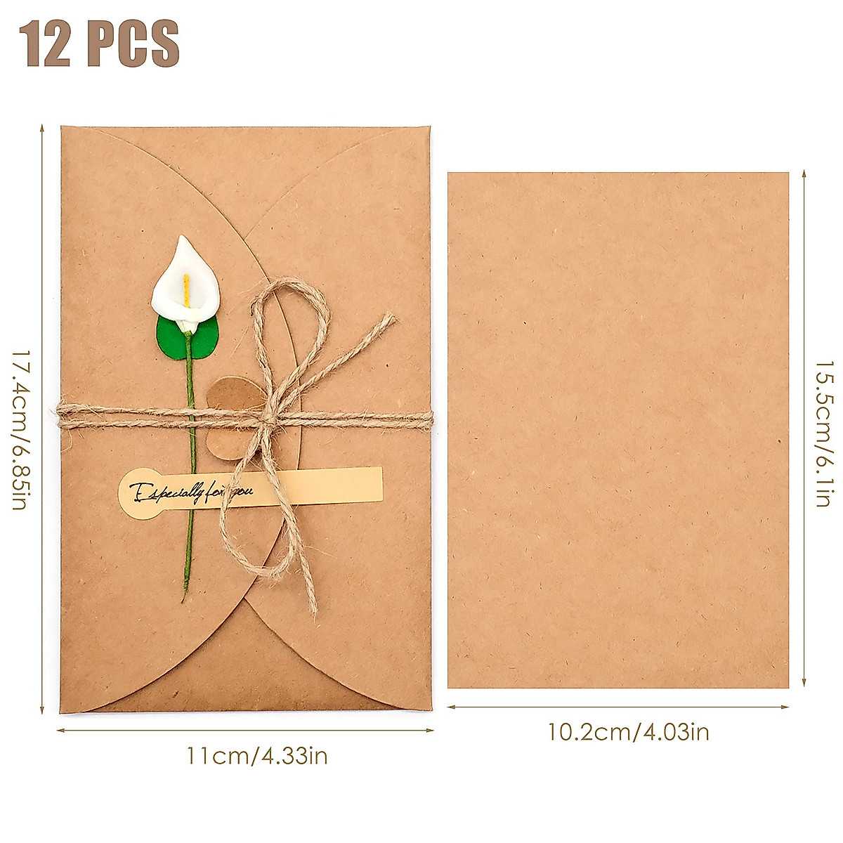JJYHEHOT 12 Packs Dried Flowers Greeting Card with Envelopes, Brown Retro Kraft Holiday Gift Card, DIY Invitation Wish Card Note Card Thank You Card for Birthday Christmas