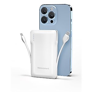 Metecsmart 10000mAh Portable Phone Charger with Built-in 2 Cables, Small Slim Mini Power Bank Fast Charging, USB-C In/Output External Battery Pack, Travel Essentials Compatible with Android/IOS Phones