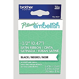 Brother P-touch Embellish Black Print on White Satin Ribbon TZER231 – ½” Wide x 13.1’ Long for use with P-touch Embellish Ribbon & Tape Printer