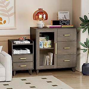 Function Home Sideboard Buffet, Storage Cabinet with Glass Door, Wood Accent Console with Drawers, Mid Century Coffee Bar for Kitchen, Living Room, Hallway, Entry, Walnut