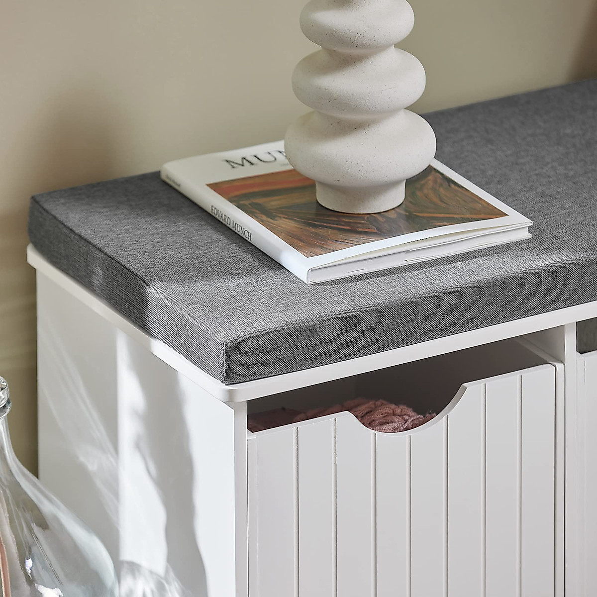 Haotian White Storage Bench with Drawers & Padded Seat Cushion, Hallway Bench Shoe Cabinet Shoe Bench, FSR30-W