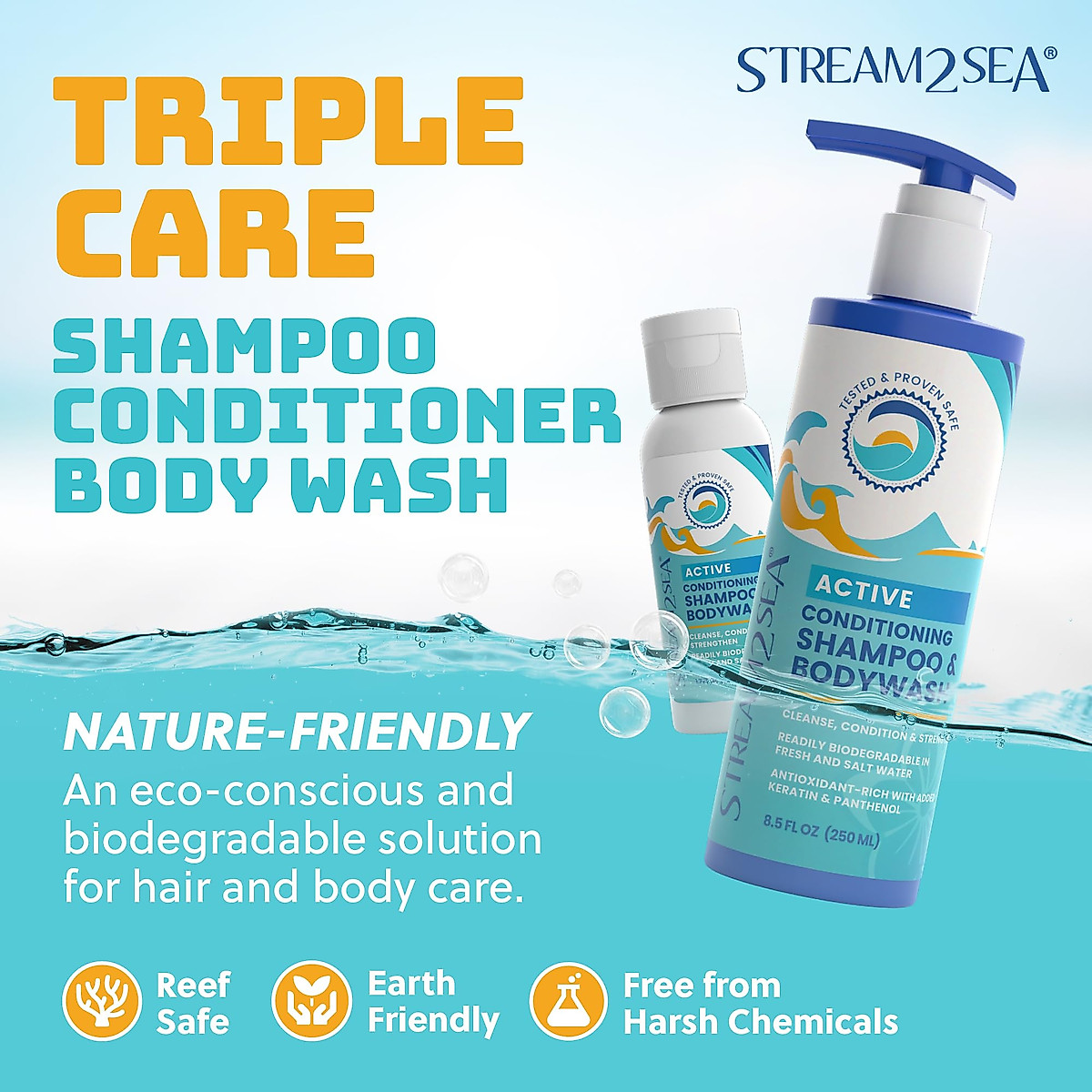 Non Toxic Shampoo and Conditioner, Body Wash 3 in 1 for Swim - Reef Safe Swimmers Shampoo for Men, Women Kids - All Natural Organic Shampoo Conditioner, Biodegradable Soap Camping Travel Size 1.69oz