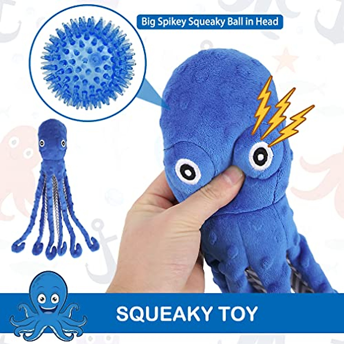 EXPAWLORER Octopus Dog Toy - Long Dog Squeaky Toys Puppy Birthday Gift Soft Stuffed Chew Toy, Crinkle Paper and Built-in Squeaker Durable Interactive Plush Toy for Small Medium Large Dogs, Blue