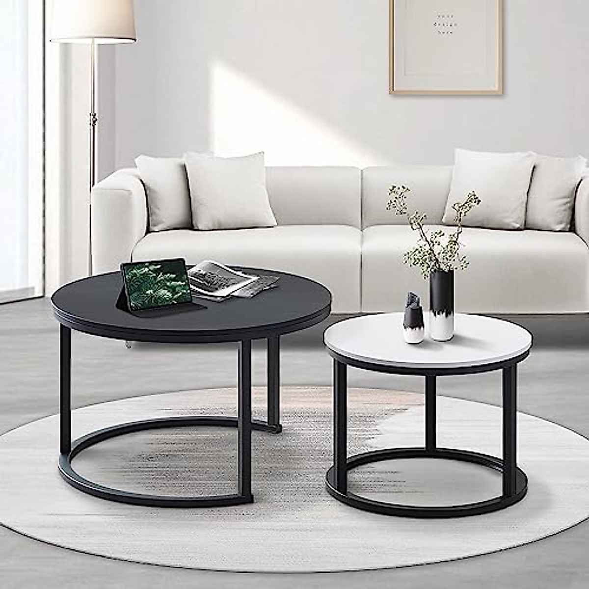 MASAKA B&W 27.5 Inch Round Wood Tables 2 Pack, Coffee Tables for Living Room Set of 2, Small Coffee Tables for Small Spaces, Center Table Modern Black with White