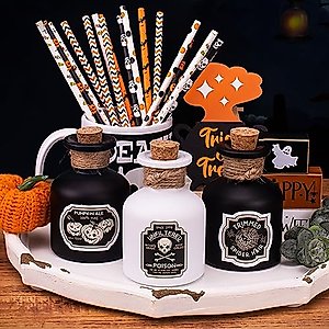 Halloween Decorations Indoor - Halloween Tiered Tray Decor - 3 pcs Glass Potion Bottles with 6pcs Stickers - Black and White Apothecary Bottles - Halloween Decorations for Party Home Table Kitchen