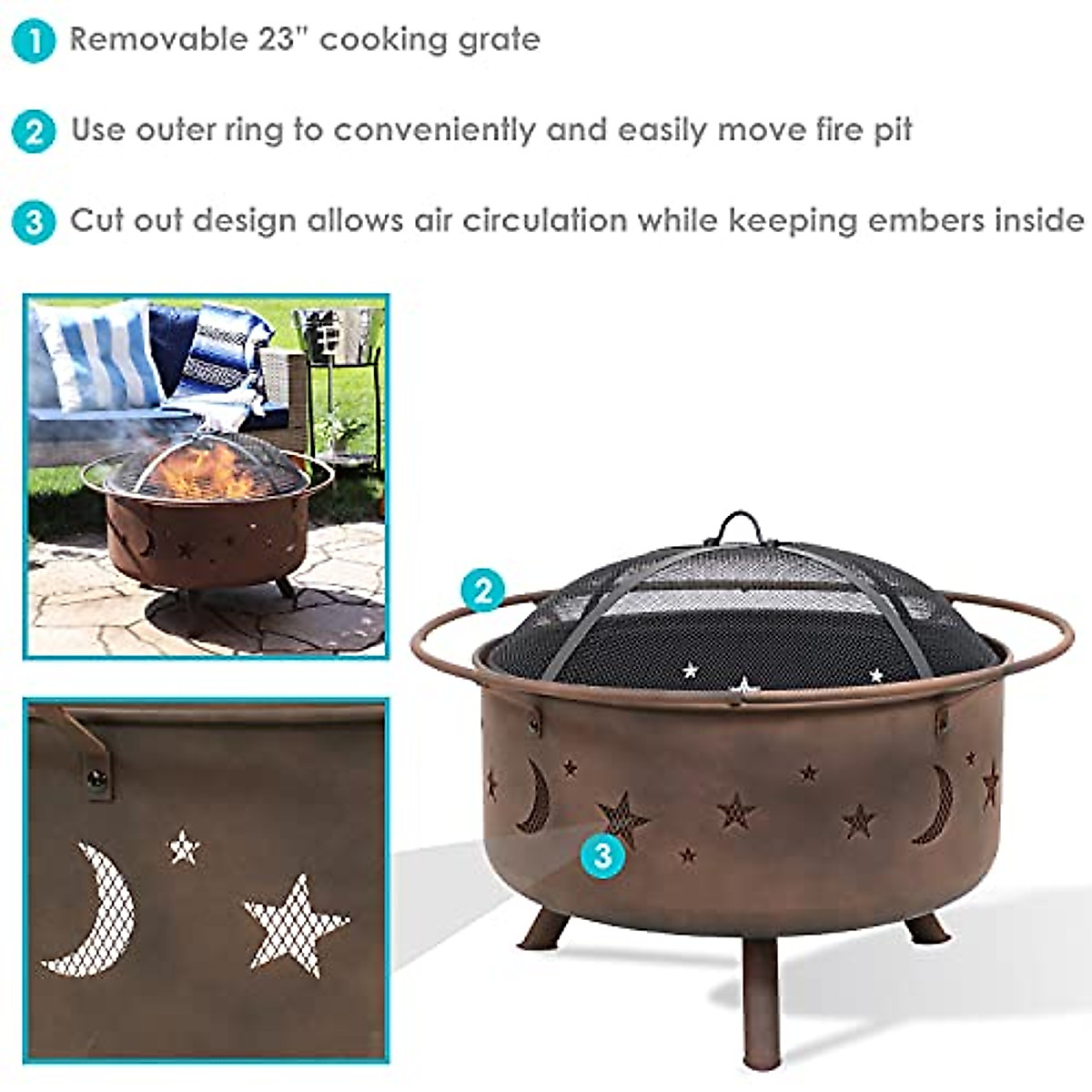 Sunnydaze Cosmic 30-Inch Fire Pit with Cooking BBQ Grill Grate, Spark Screen, and Fireplace Poker - Celestial Design
