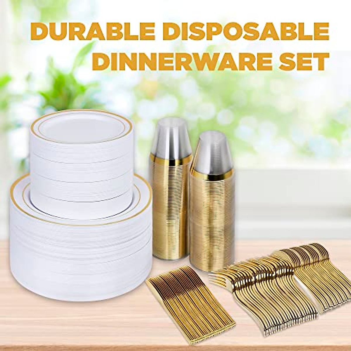 600 Piece Wedding Party Plates Disposable Dinnerware Set 100 Guests -By Zulzzy -100 Gold Plastic Plates, 100 Gold Salad Plates, 100 Gold Plastic Silverware Set, 100 Gold Plastic Cups