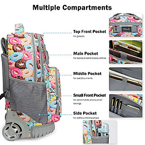 Tilami Rolling Backpack 19 inch with Lunch Bag Wheeled Laptop Backpack, Doughnut