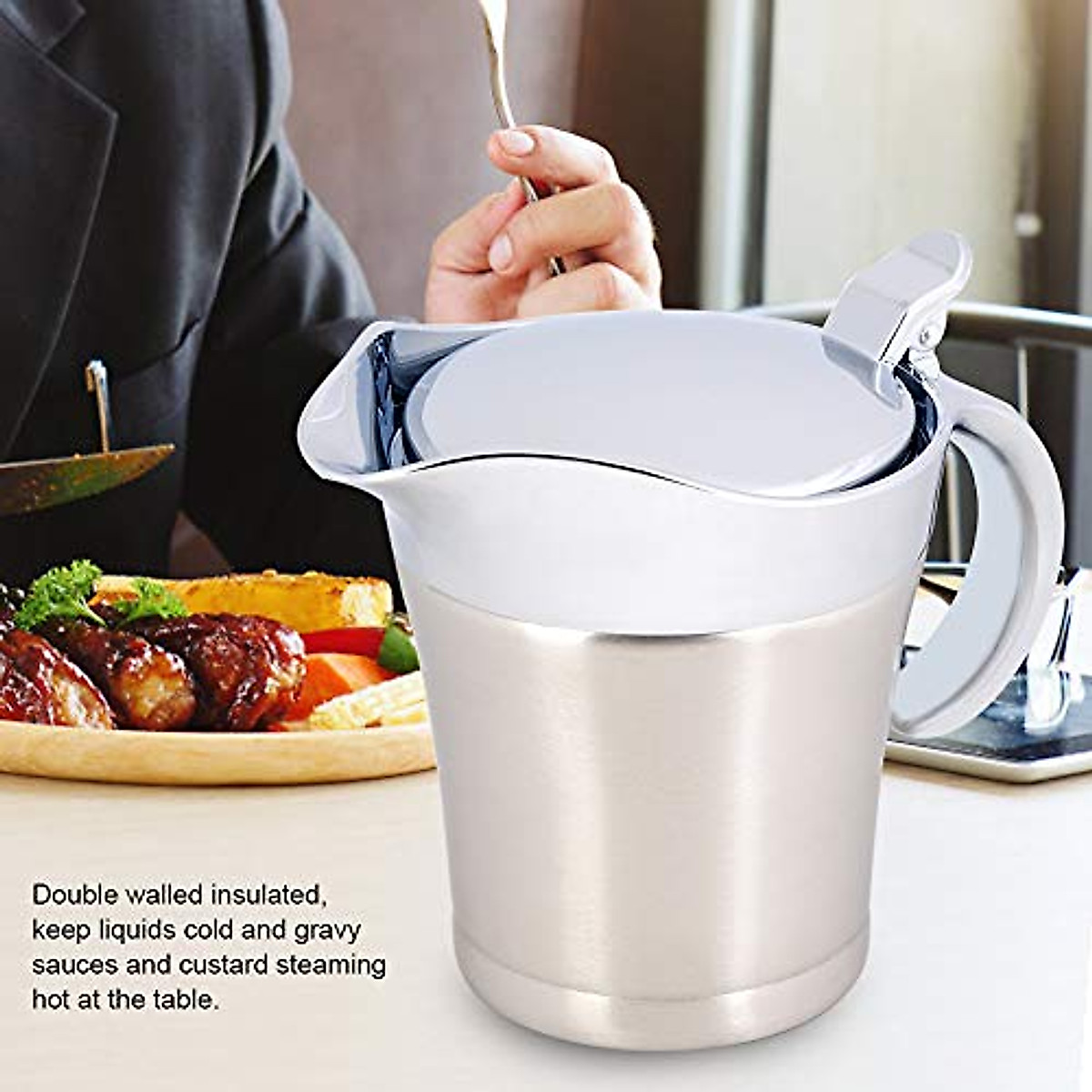 304 Brushed Stainless Steel Gravy Boat, Thermal Insulated Double Wall Serving Sauce Jug Pot for Gravy or Cream at Thanksgiving for Restaurant. (450ml/750ml)