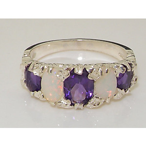 LetsBuyGold 925 Sterling Silver Real Genuine Amethyst and Opal Womens Band Ring - Size 11