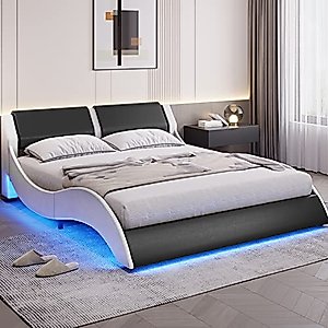 DICTAC Queen LED Bed Frame with Headboard Modern Low Profile Upholstered Platform Bed Frame with LED Lights Queen Size Faux Leather Wave-Like Bed Frame,Strong Wood Slats,Easy Assembly,Black+White
