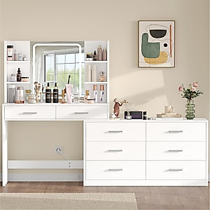 Irontar Vanity Desk with Lighted Mirror and 3-Color LED Strip, Makeup Vanity Table with 8 Drawers & 4 Open Shelves, Side Cabinet with Width Adjustable, Makeup Desk for Women, White WDT011W