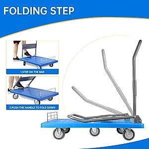 Platform Truck Dolly Cart Folding Platform Cart with 1320 lbs Weight Capacity and 360 Degree Swivel Wheels, 41" L x 24" W Foldable Push Hand Cart for Loading and Storage, 5 Wheels Blue