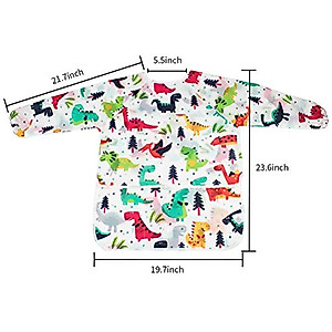 CUBACO 2 Pack Kids Painting Apron Children's Waterproof Artist Apron with Long Sleeve and 3 Pockets for Child 3-8 Years for Art Craft, Cooking, Baking, Feeding (Dinosaur Pattern)
