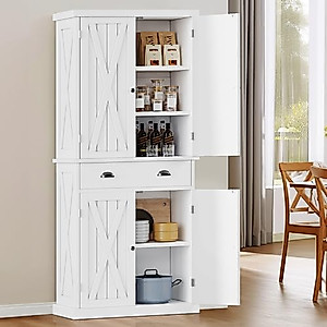 YITAHOME 72'' Farmhouse Kitchen Pantry Storage Cabinet, Tall Freestanding Cupboard with Drawer and Adjustable Shelves, Sideboard Buffet Cabinet for Kitchen, Dining Room, Living Room, White